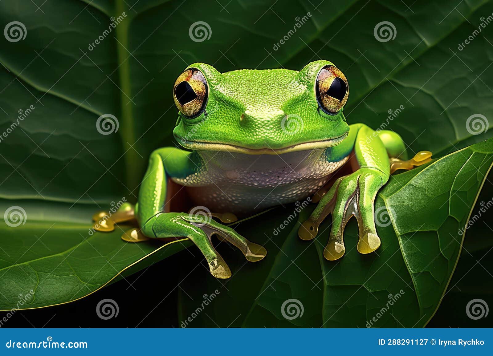 Top View of Green Tree Frog on Leaf, Ai Generated Stock Image - Image ...