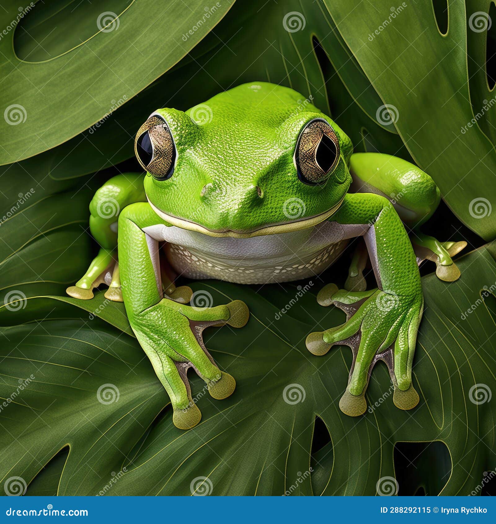 Top View of Green Tree Frog on Leaf, Ai Generated Stock Image - Image ...