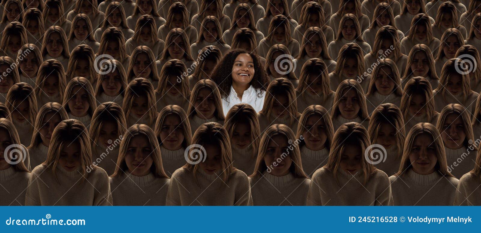 Top View of Grey Crowd of Identical People with Same Emotions and One ...