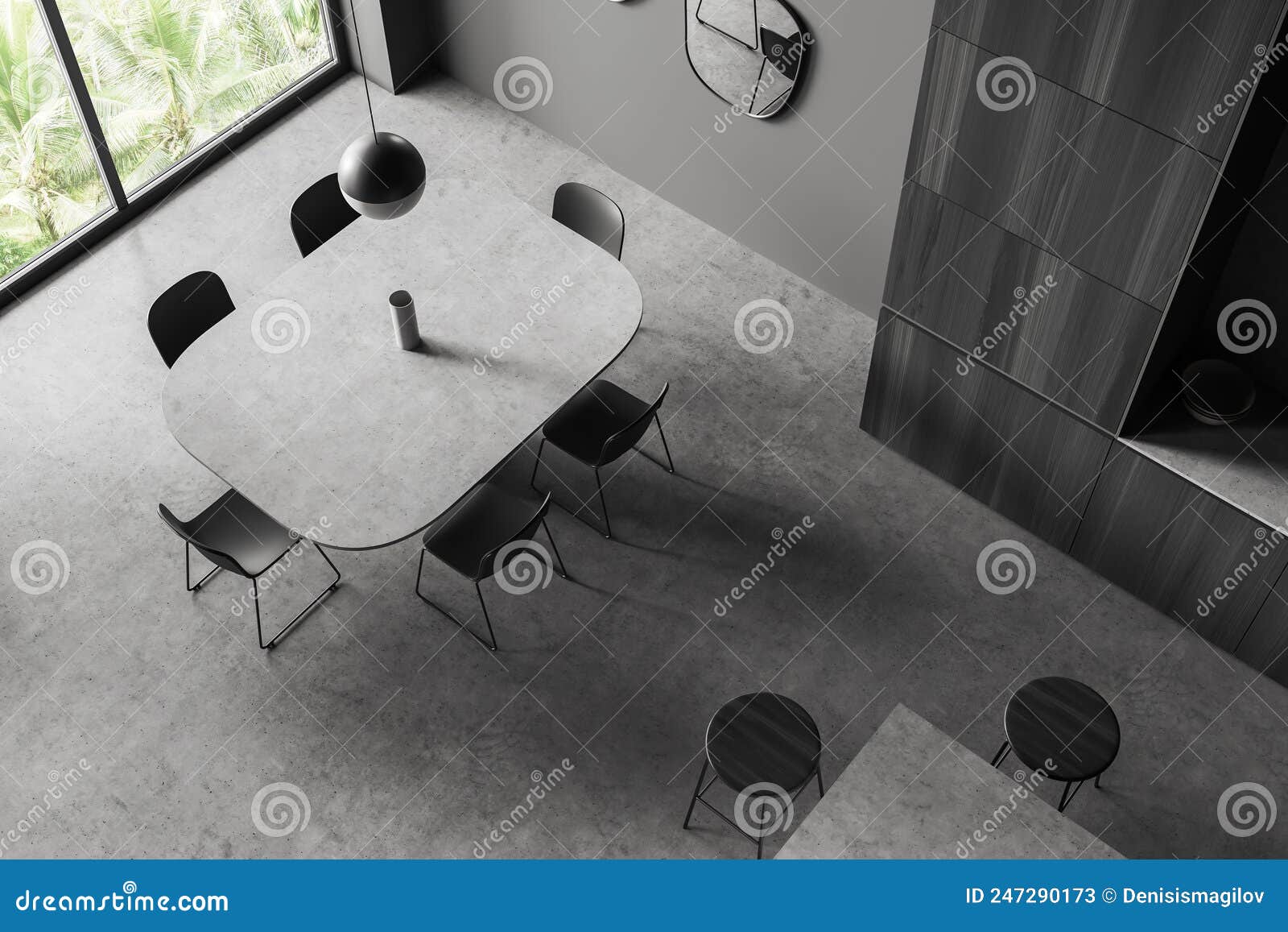 Top View of Grey Kitchen Interior with Dining Table and Countertop ...
