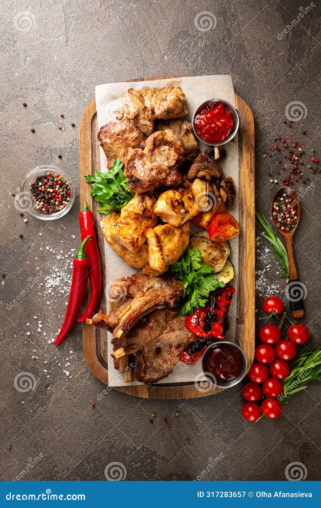 Top View Grilled Meat of Different Types Beef Pork Stock Image - Image ...