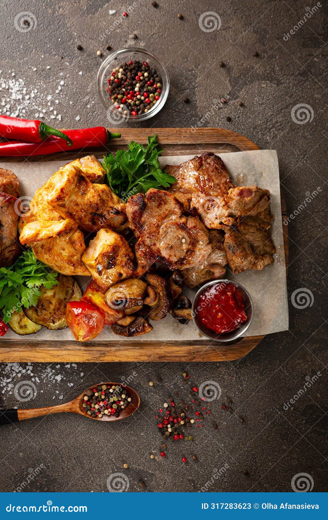Top View Grilled Meat of Different Types Beef Pork Dark Surface Stock ...