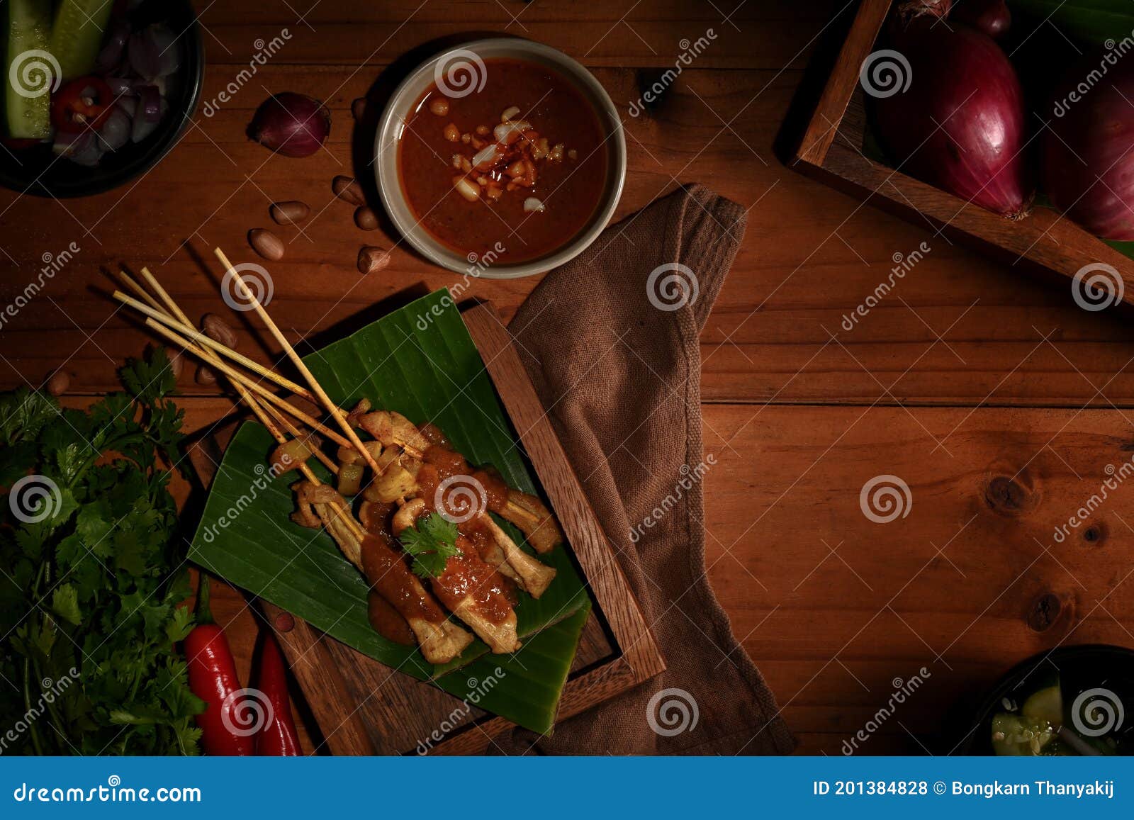 Top View of Grilled Pork Satay Moo Satay Served with Peanut Sauce on ...