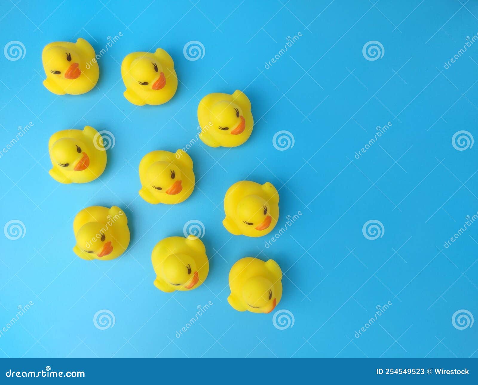 Top View of a Group of Rubber Ducks Isolated on a Blue Background ...