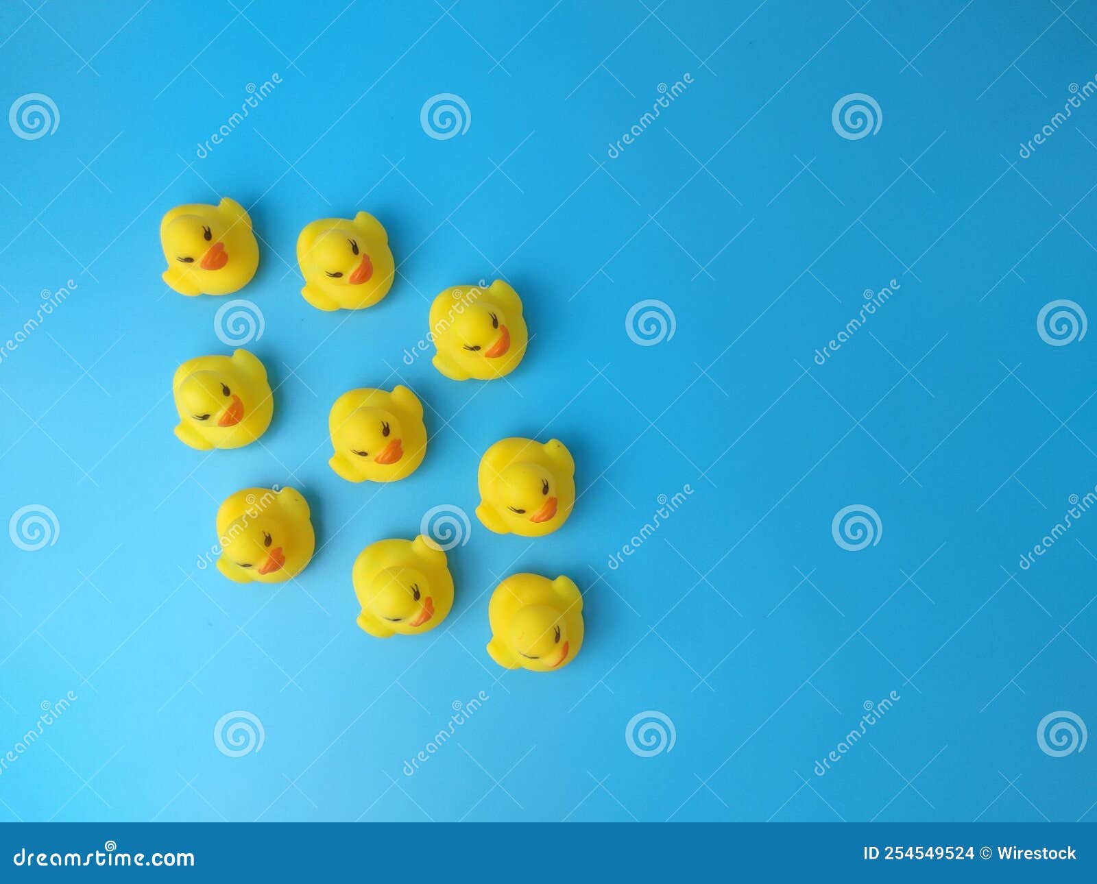 Top View of a Group of Rubber Ducks Isolated on a Blue Background ...