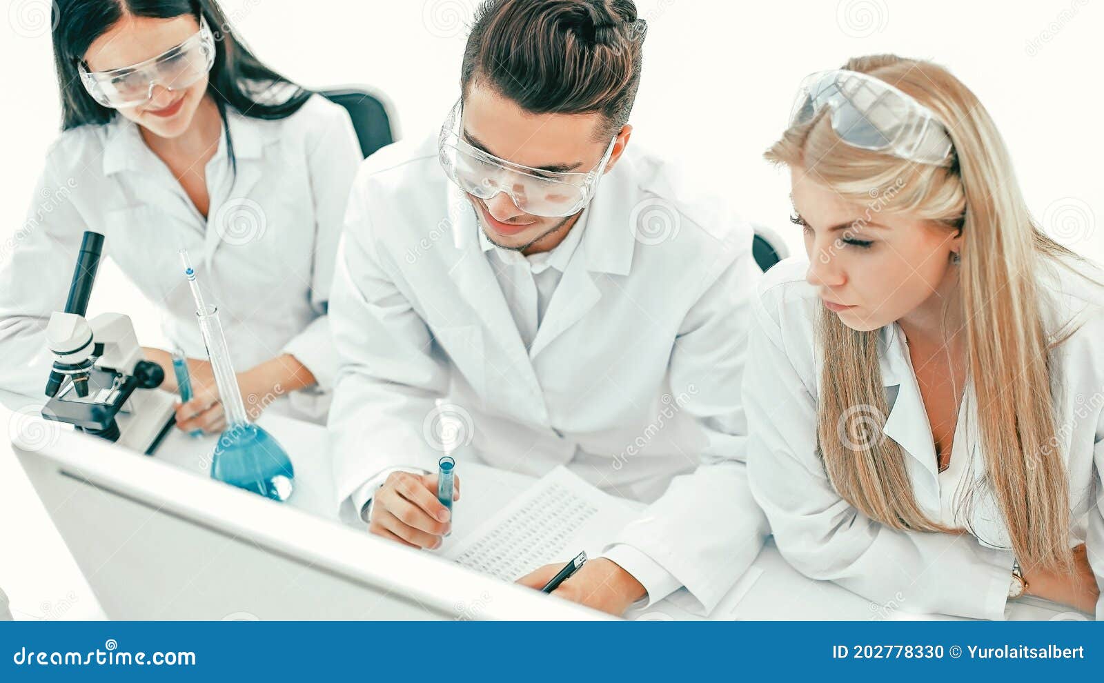 Top View.a Group of Scientists Working on a Computer in the Lab Stock ...