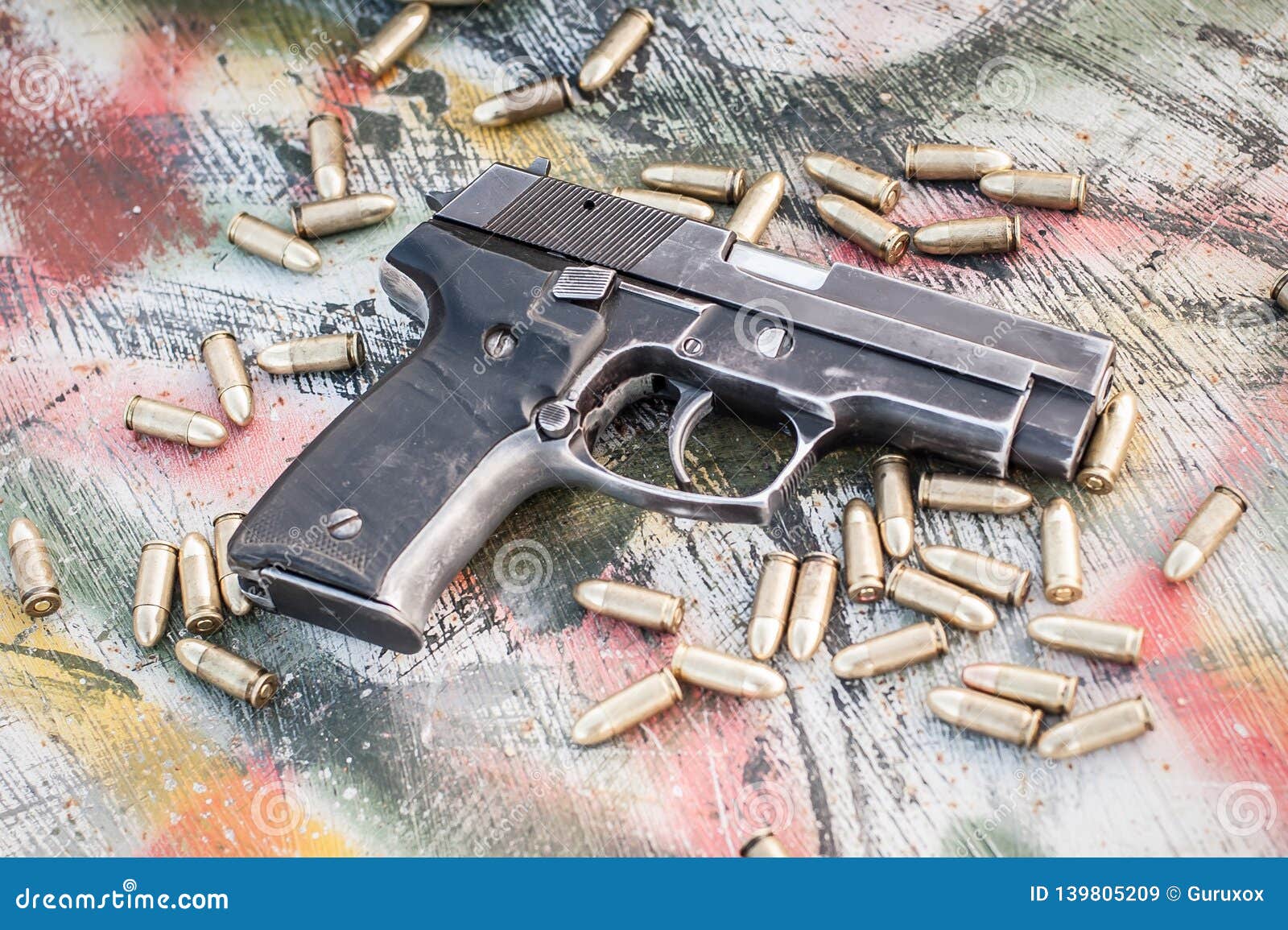Top View of Gun and Ammunition on the Table Stock Image - Image of ...