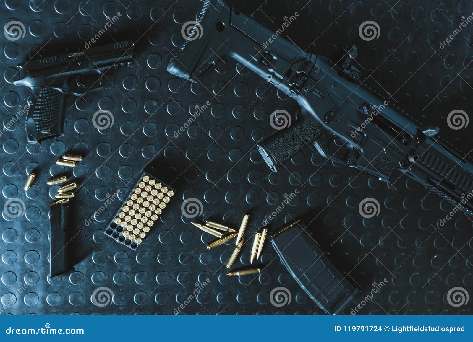 Top View of Gun and Rifle with Bullets on Table Stock Photo - Image of ...