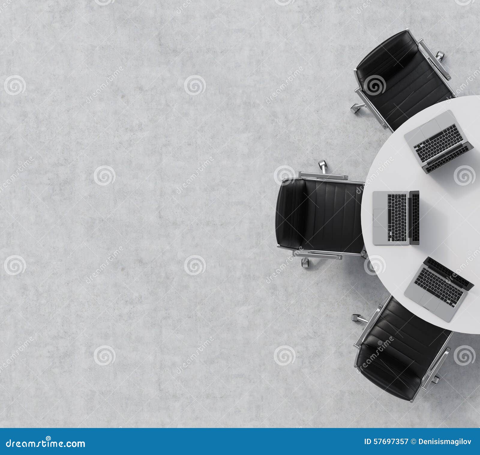 Top View Of A Conference Room. A White Round Table, Six Chairs. Six ...
