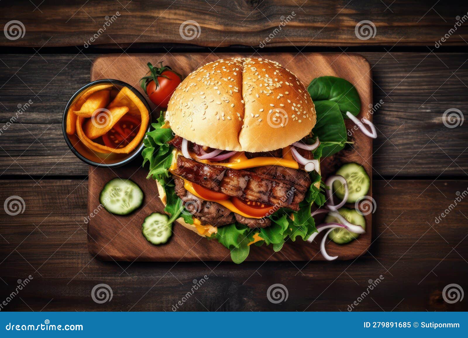 Top View Hamburger on a Table Ready To Eat with Ai Generated Stock ...