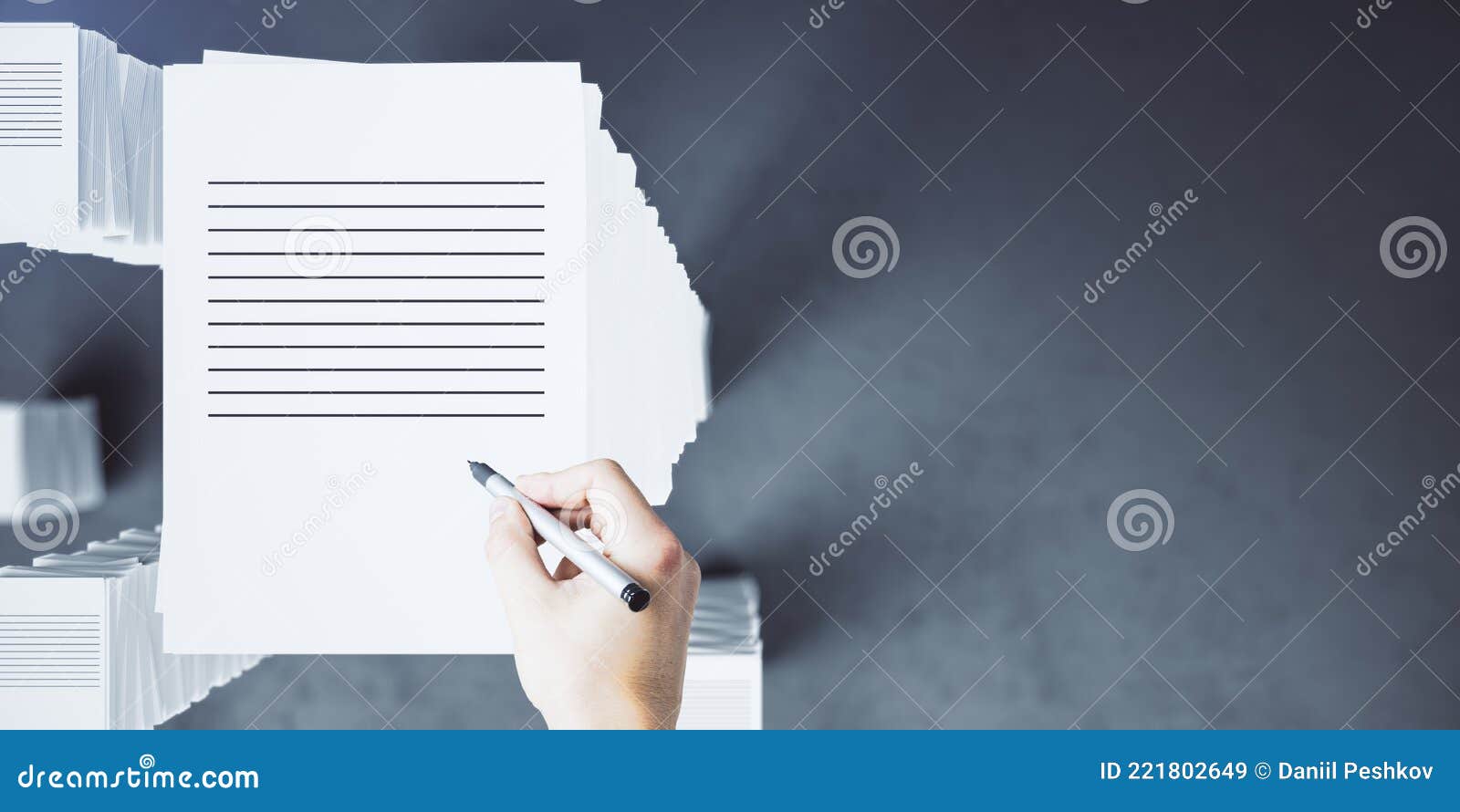 Top View of Hand with Paperwork Stack on Concrete Background with Mock ...