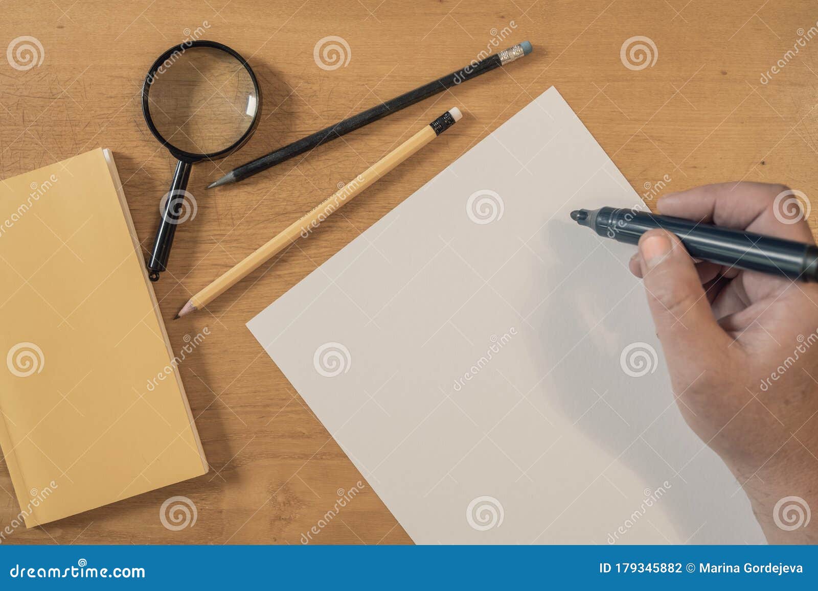 Top View of Hand Writing on Blank Page. High Angle View of Man Hand ...