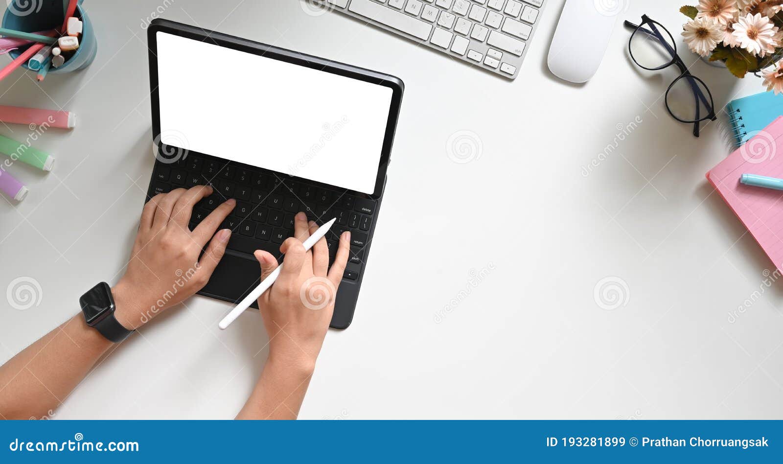 Top View Hands are Holding a Stylus Pen and Typing on a White Blank ...
