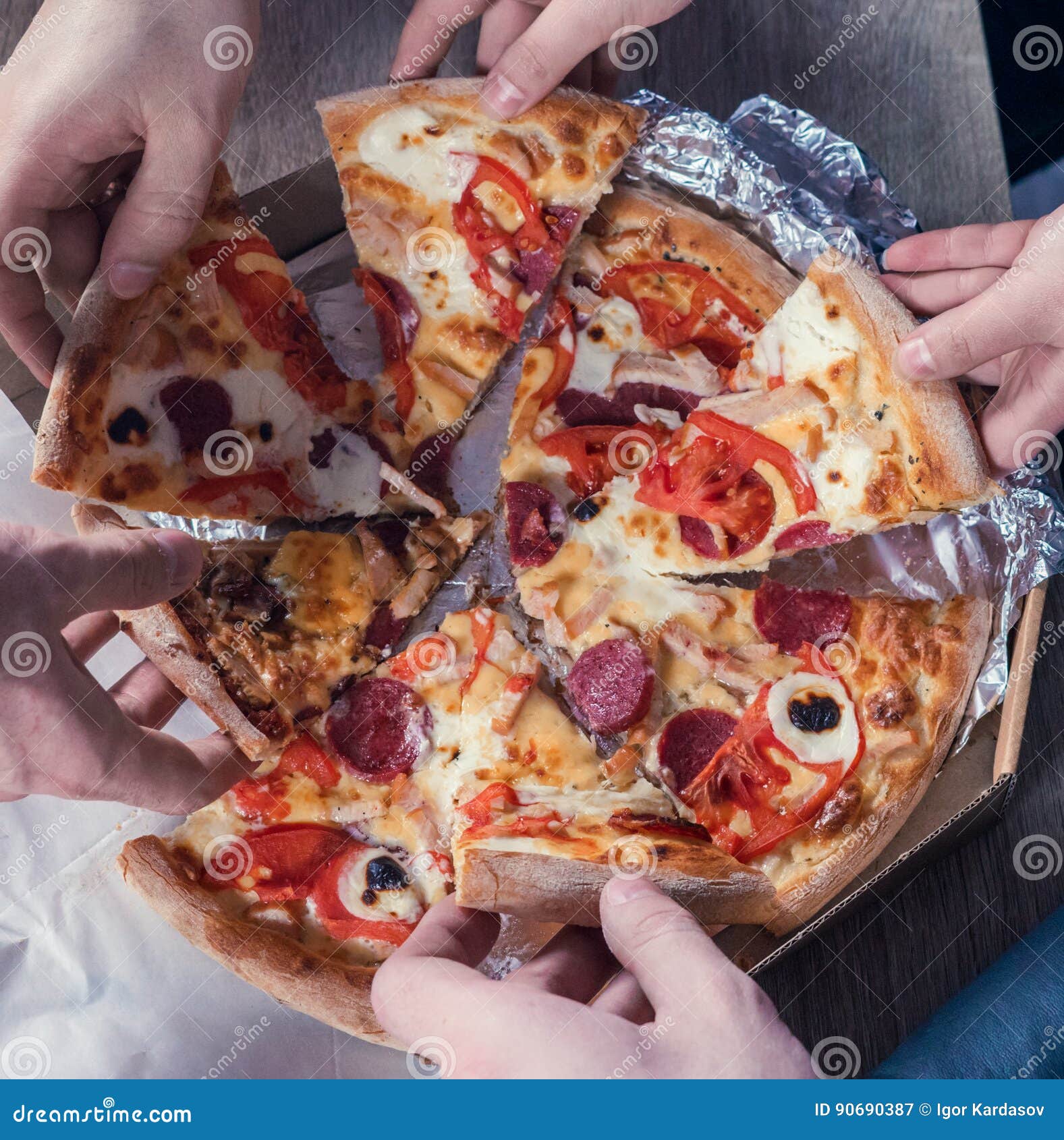 Top View of Hands Taking Pizza Stock Image - Image of teamwork, hungry ...