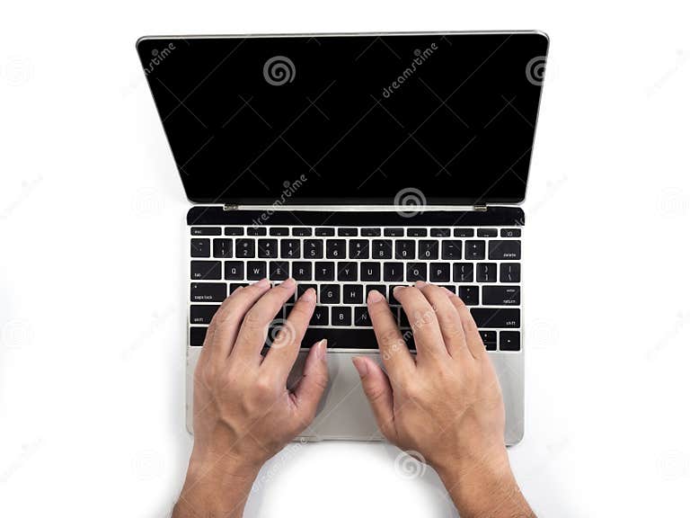 Top View of Hands Typing on Computer Laptop on White Isolated ...