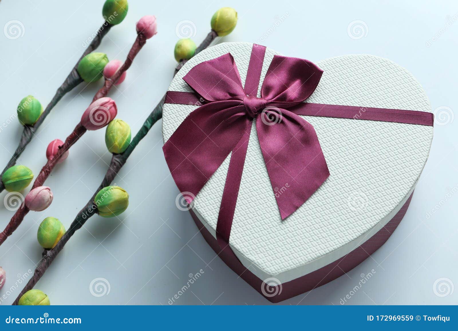 Top View of Heart Shape Gift Box and Flower on White Background Stock ...