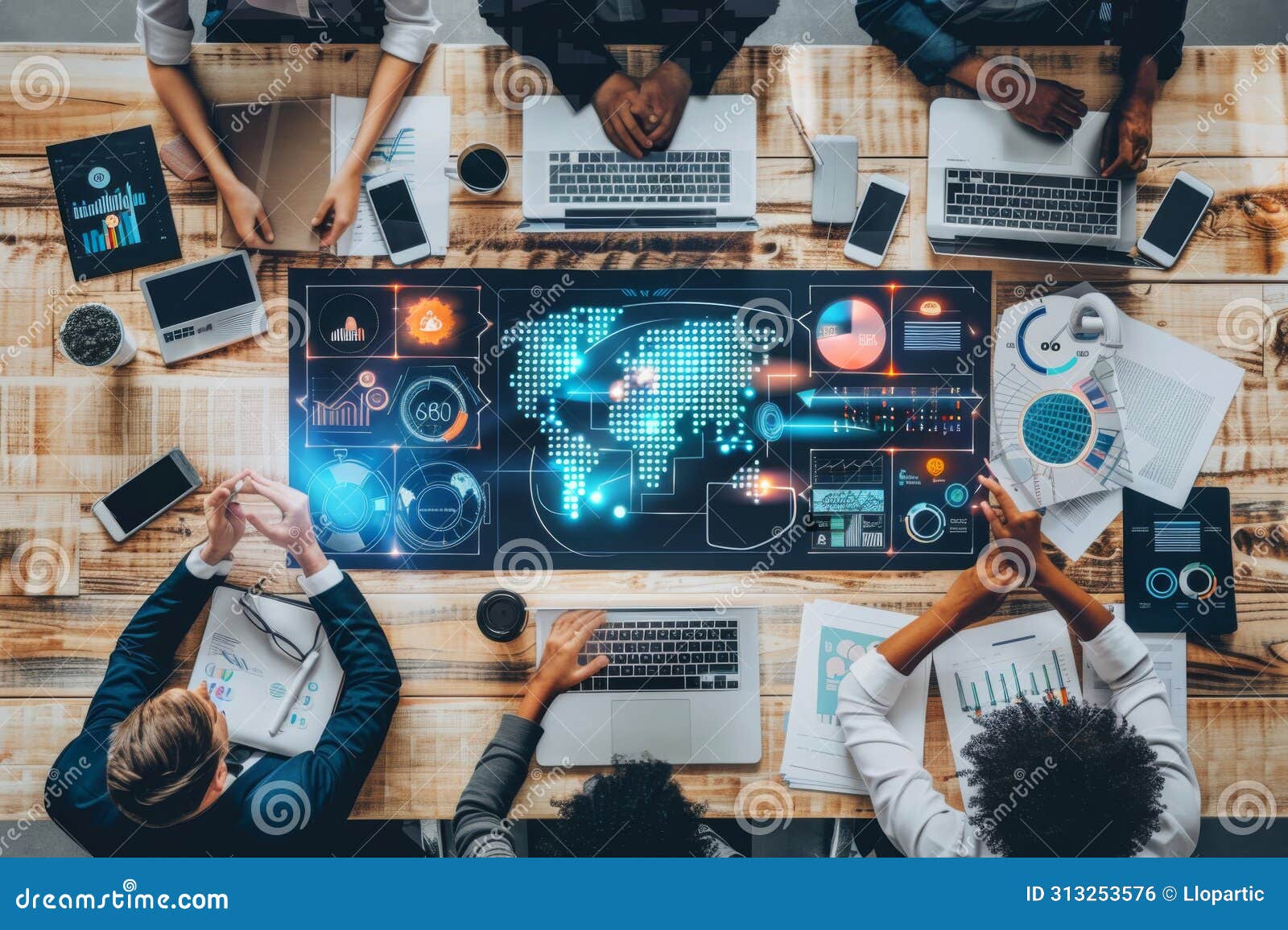 Top View of a High Tech Digital Data Table in a Modern Business Meeting ...