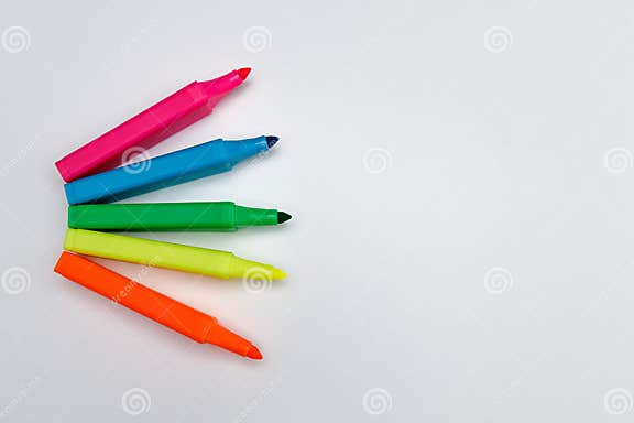 Top View of Highlighter Pens without Caps, Fan Pattern Layout on White ...