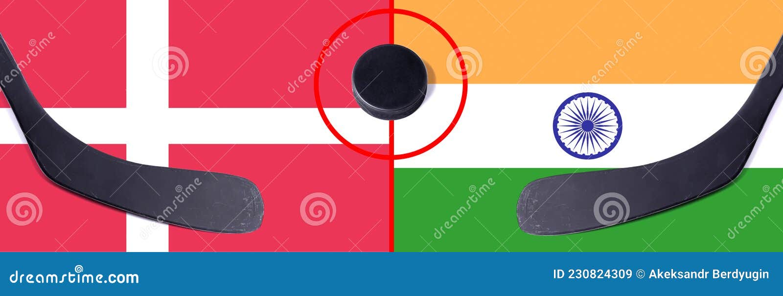 Top View Hockey Puck with Denmark Vs. India Command with the Sticks on ...