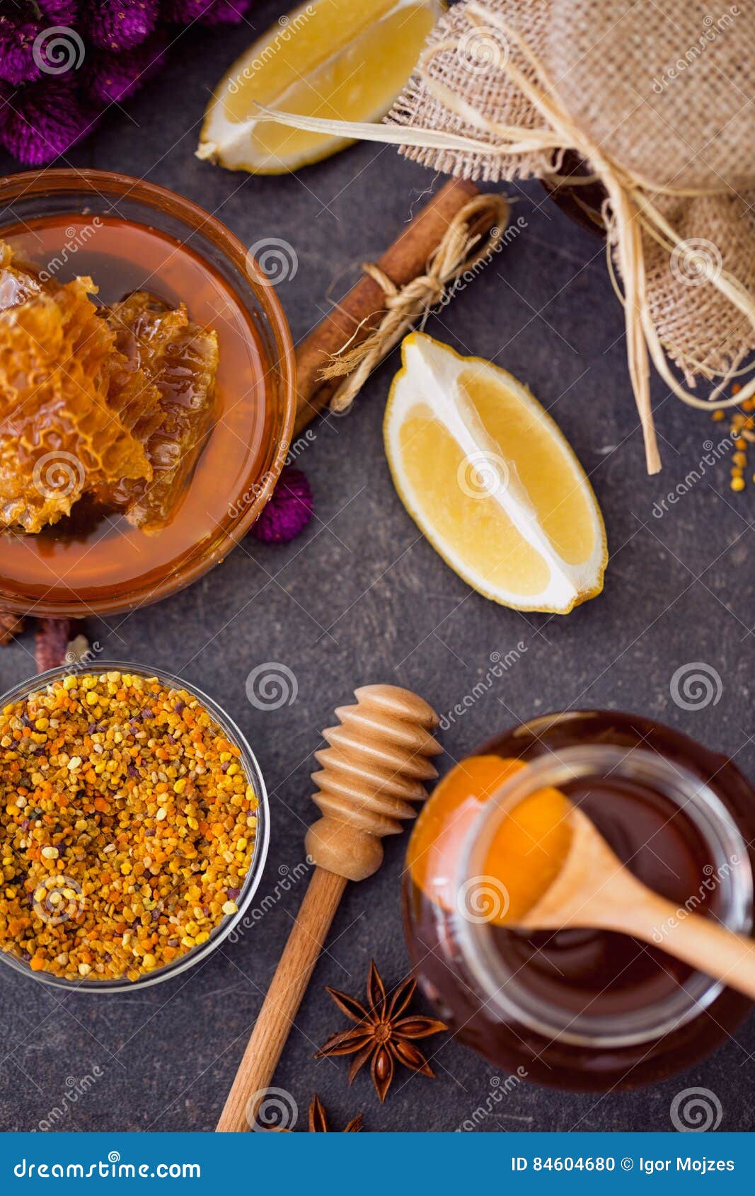 Top View of Honeycomb, Pollen, Propolis, Honey on the Table Stock Photo ...