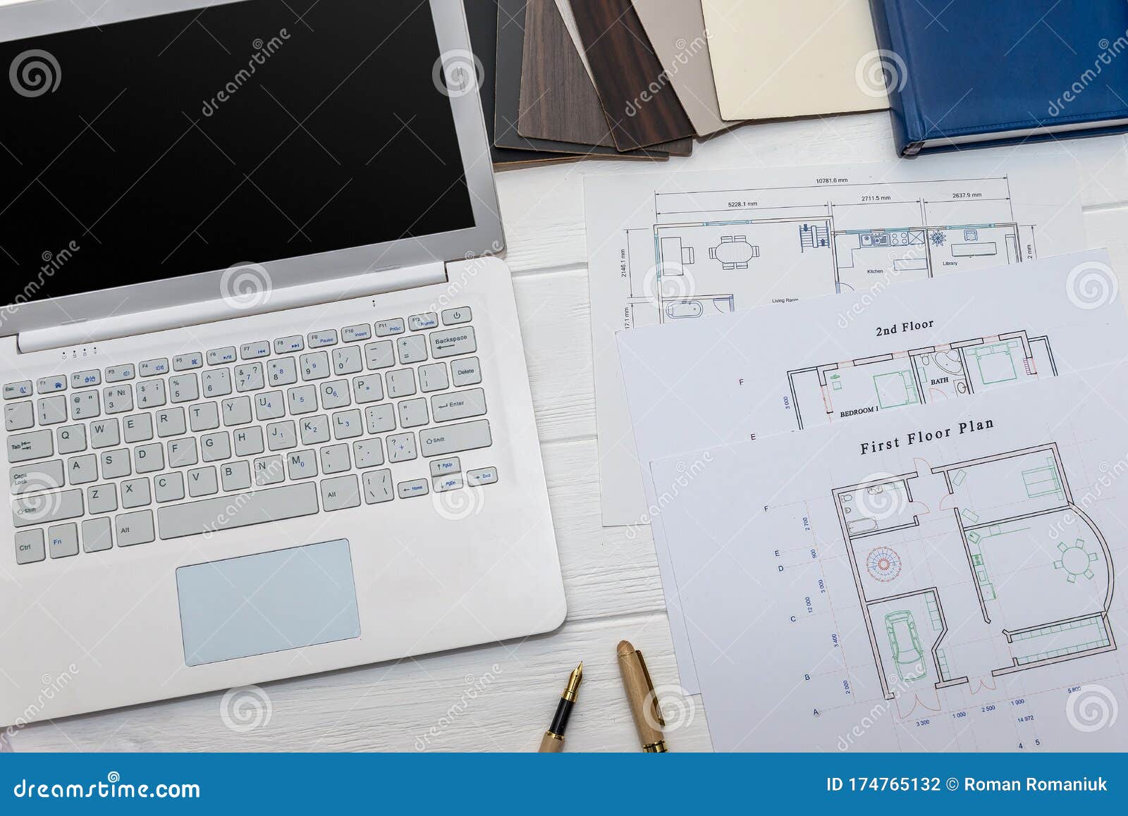 Top View on House Plan and Laptop with Calculator Stock Photo - Image ...