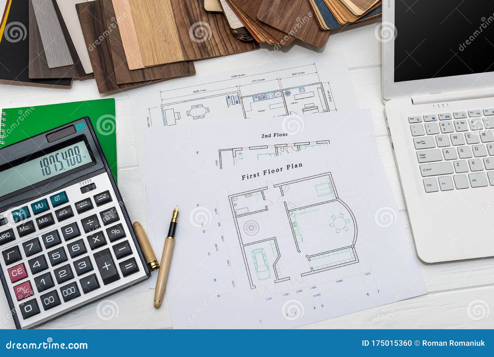 Top View on House Plan and Laptop with Calculator Stock Photo - Image ...