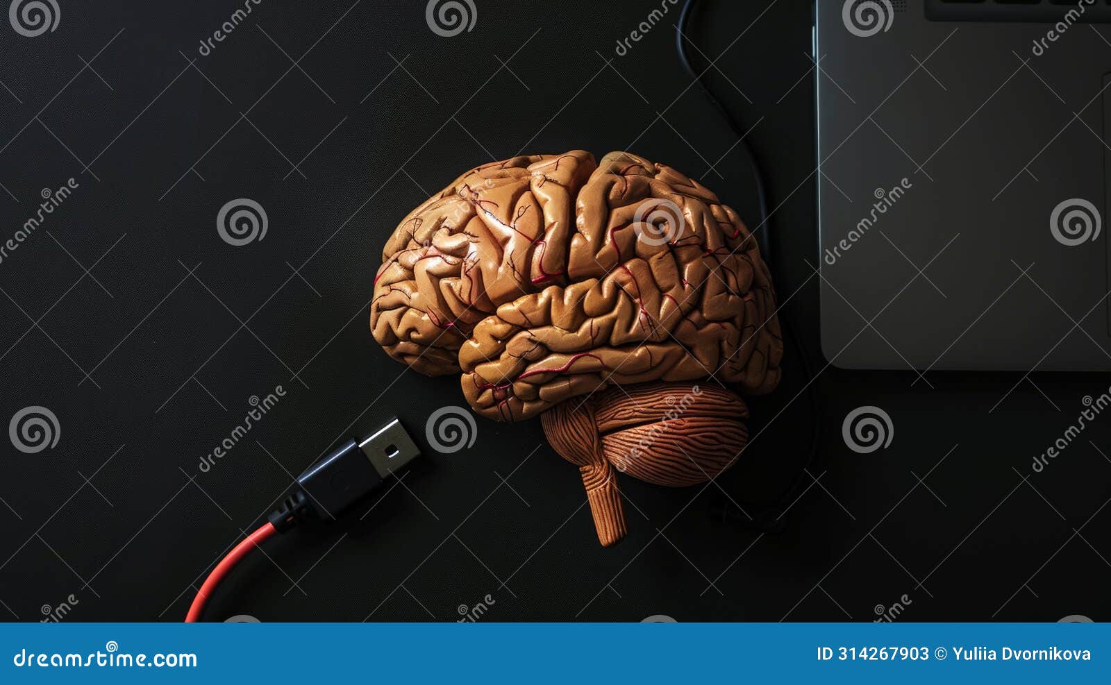 Top View of Human Brain Model with USB Cable, on Black Background. Turn ...