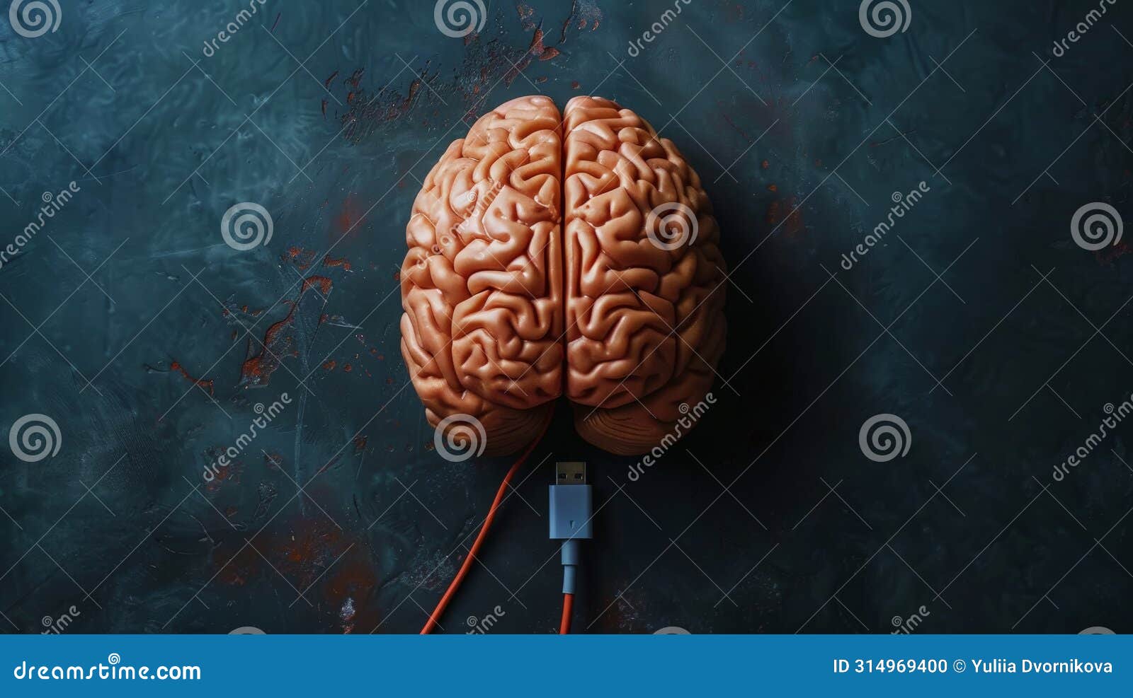 Top View of Human Brain Model with USB Cable, on Black Background. Turn ...