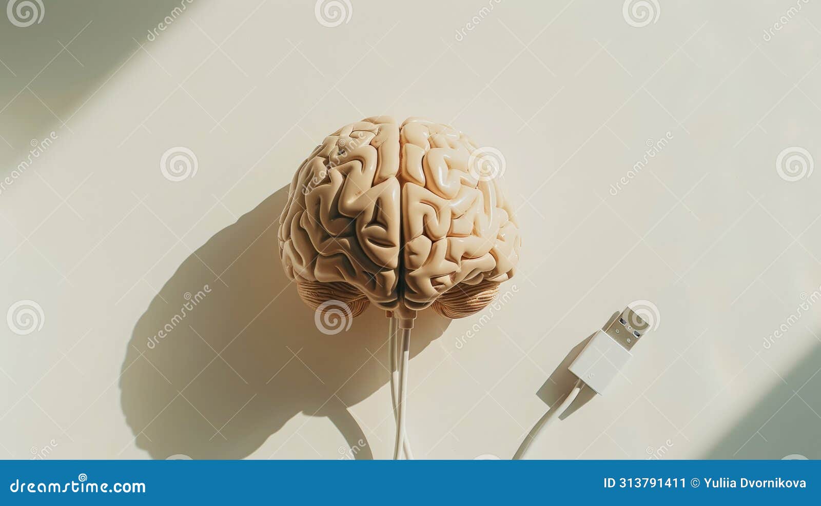 Top View of Human Brain Model with USB Cable, on Light Background. Turn ...