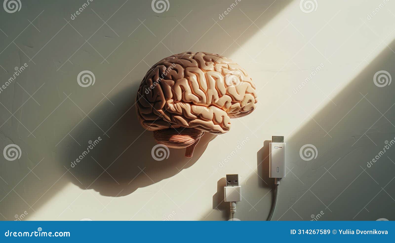 Top View of Human Brain Model with USB Cable, on Light Background. Turn ...