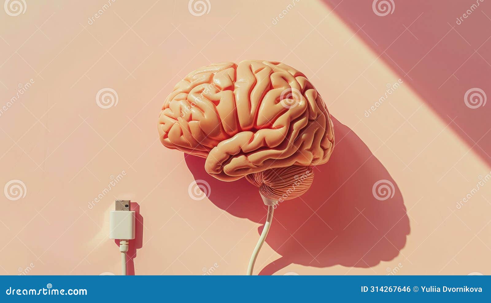 Top View of Human Brain Model with USB Cable, on Pink Background. Turn ...