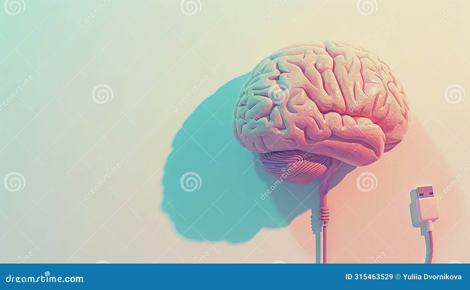 Top View of Human Brain Model with USB Cable, on Pink Background. Turn ...