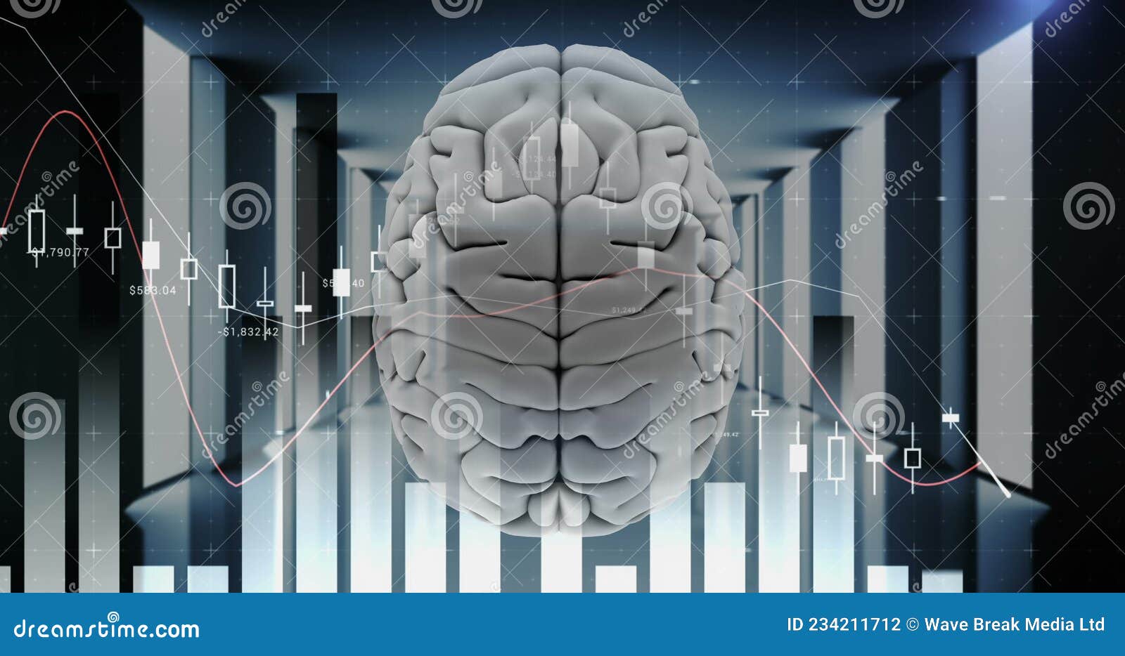 Top View Of Human Brain And Server Room Background With Continuous ...