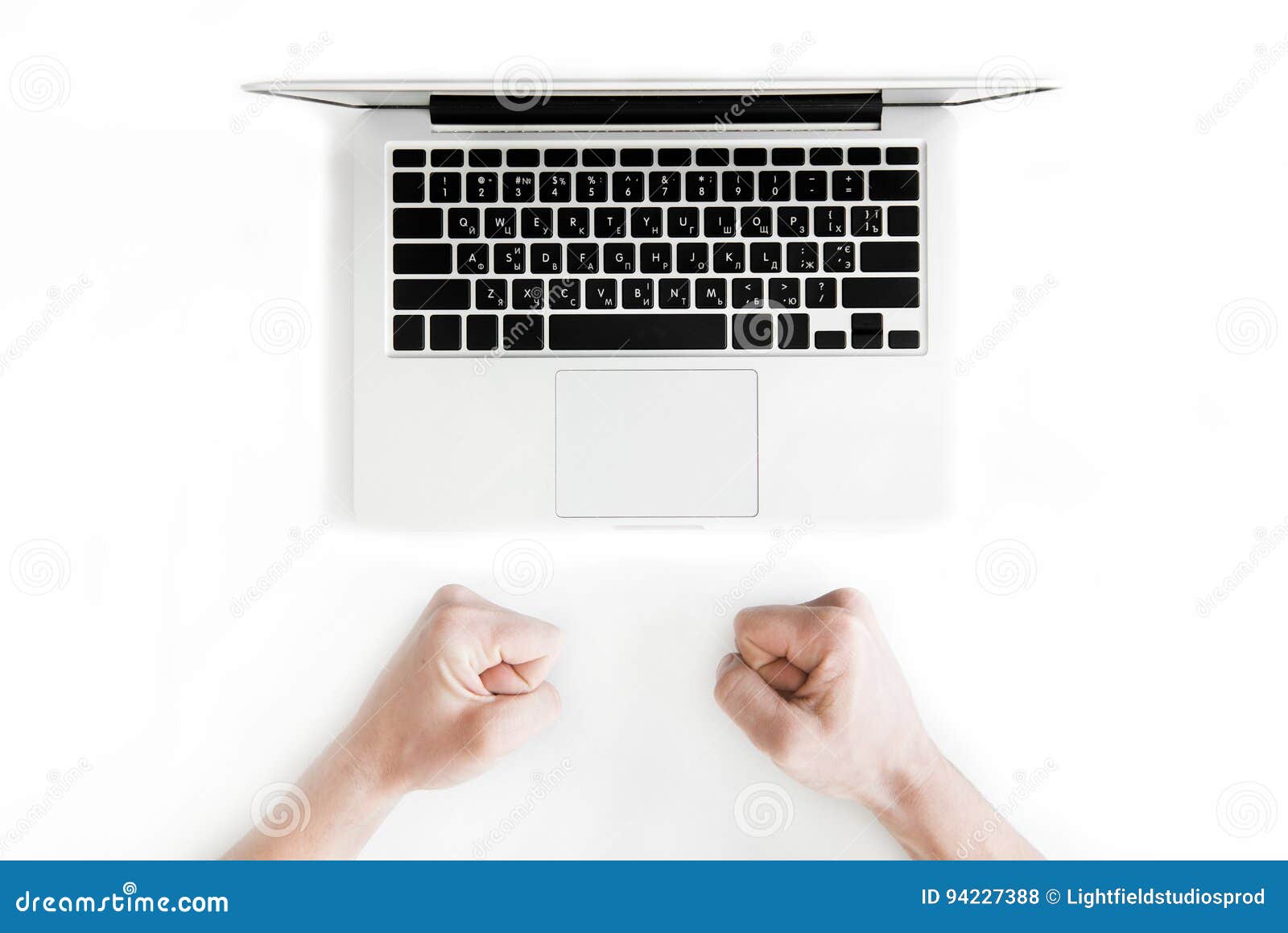 Top View of Human Fists and Laptop Computer Isolated on White Stock ...