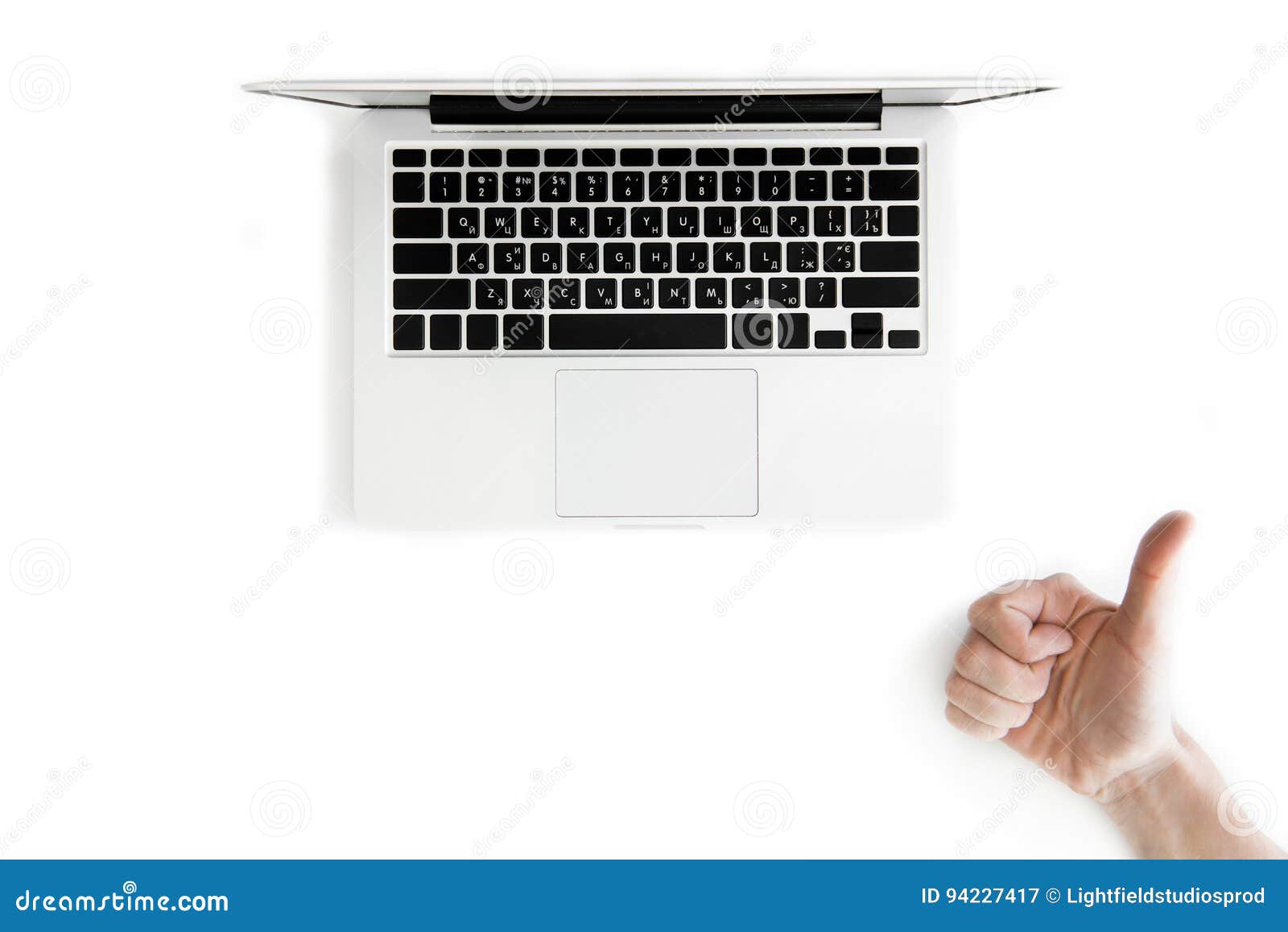 Top View of Human Hand with Thumb Up and Laptop Computer Isolated on ...