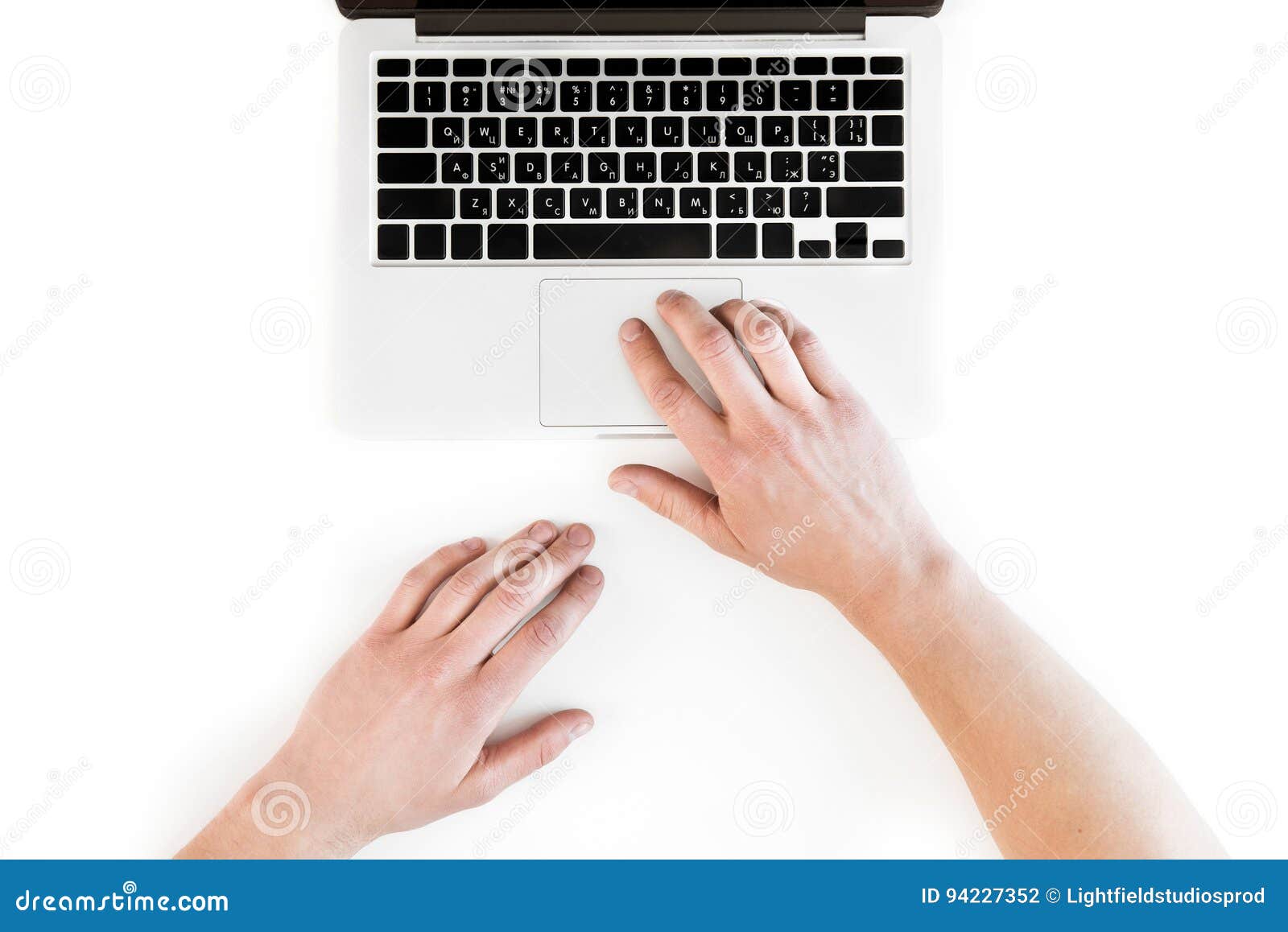 Top View of Human Hands and Laptop Computer Isolated on White Stock ...