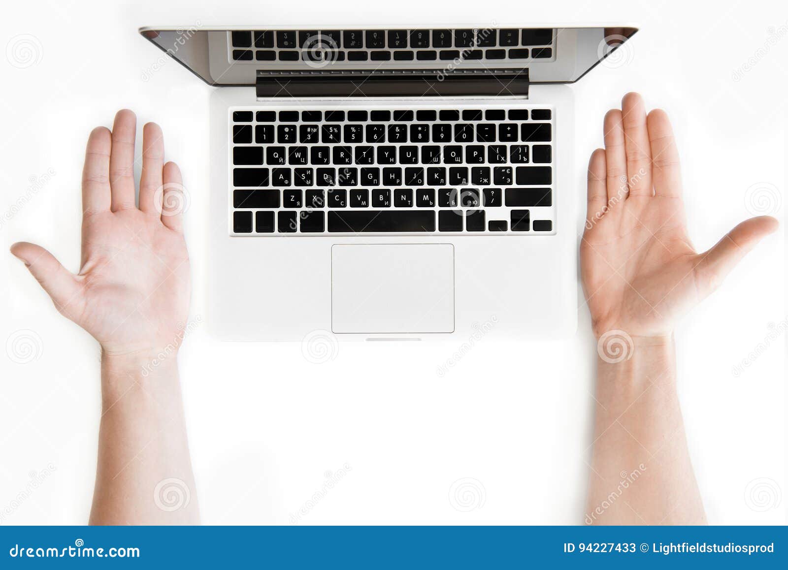 Top View of Human Hands Presenting Laptop Computer Isolated on White ...