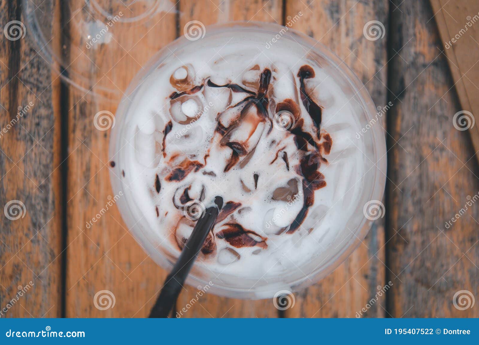 Top View Ice Coffee Mocha on Wooden Table Stock Photo - Image of food ...