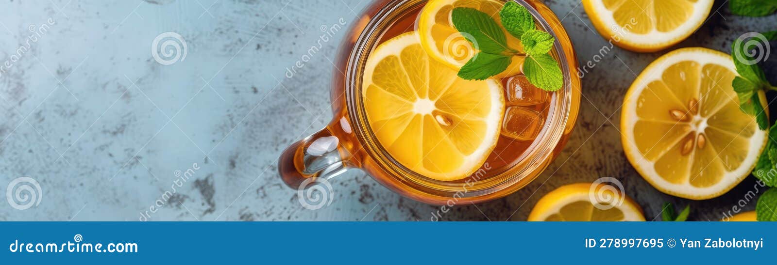 Top View Iced Tea Pitcher with Lemon and Mint. Banner for Web ...