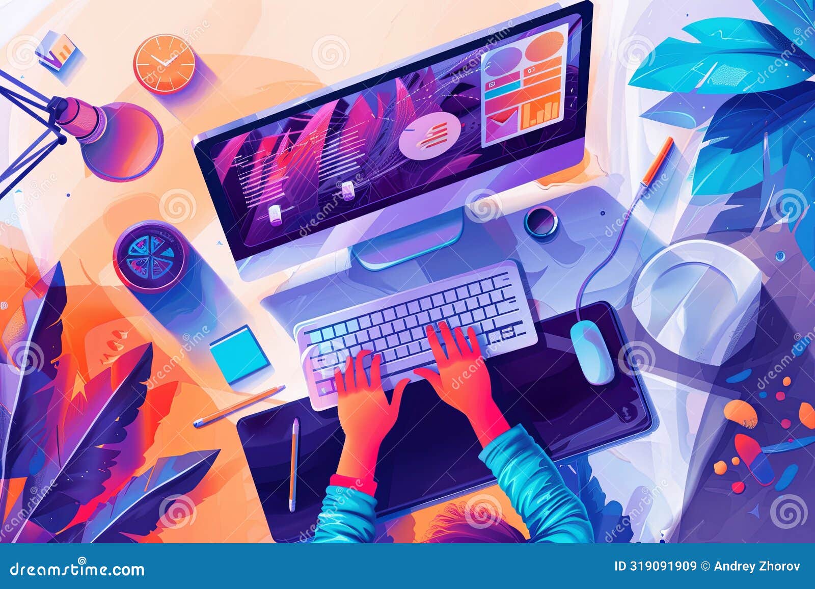 Top View Illustration of a Man Focused on Typing on a Computer ...