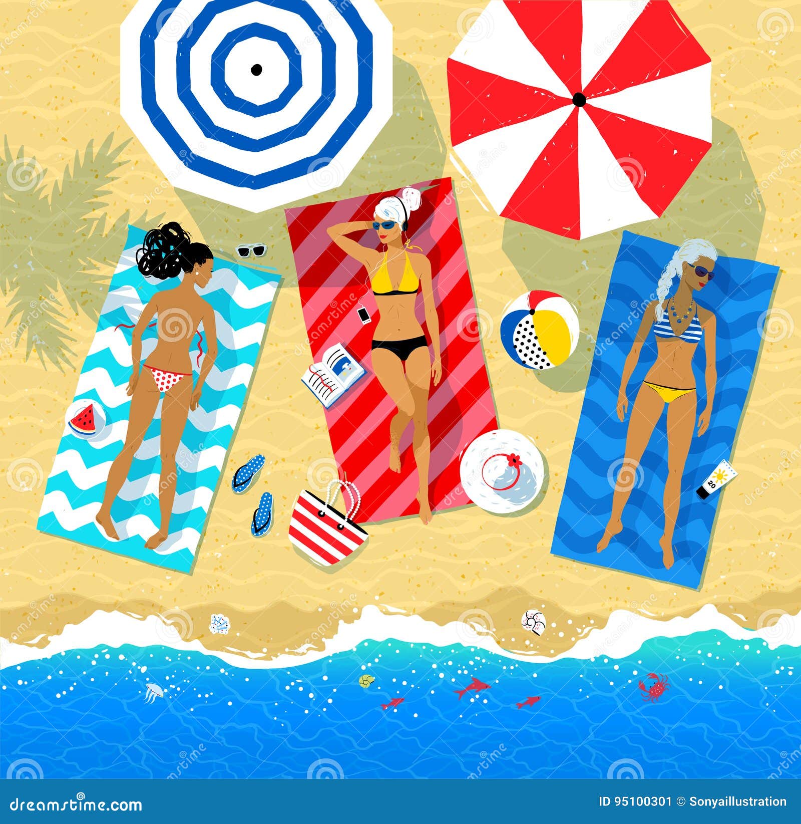Top View Illustration Of Three Young Women Lying On Beach Stock Vector