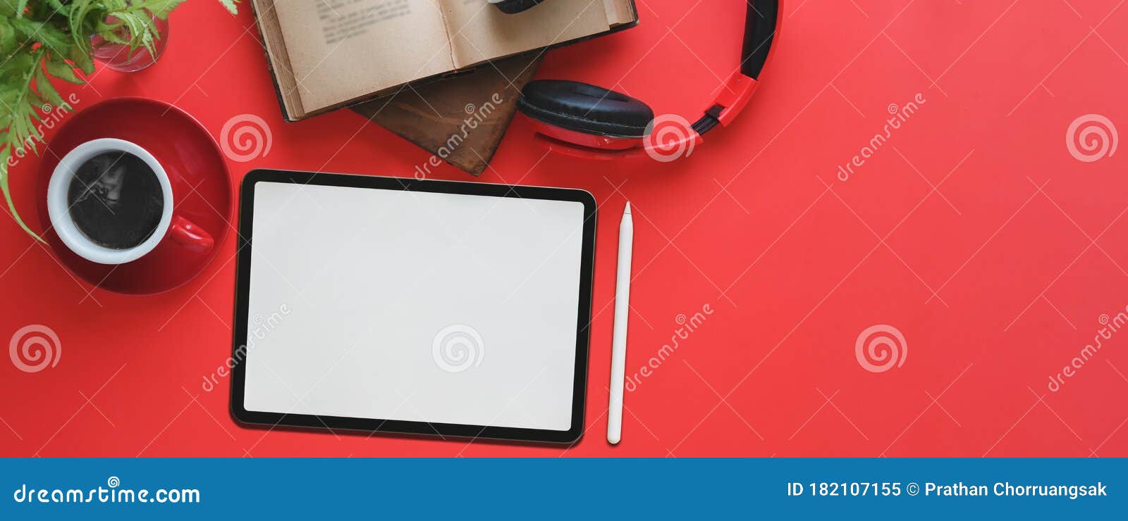 Top View Image of Computer Tablet with White Blank Screen and Stylus ...