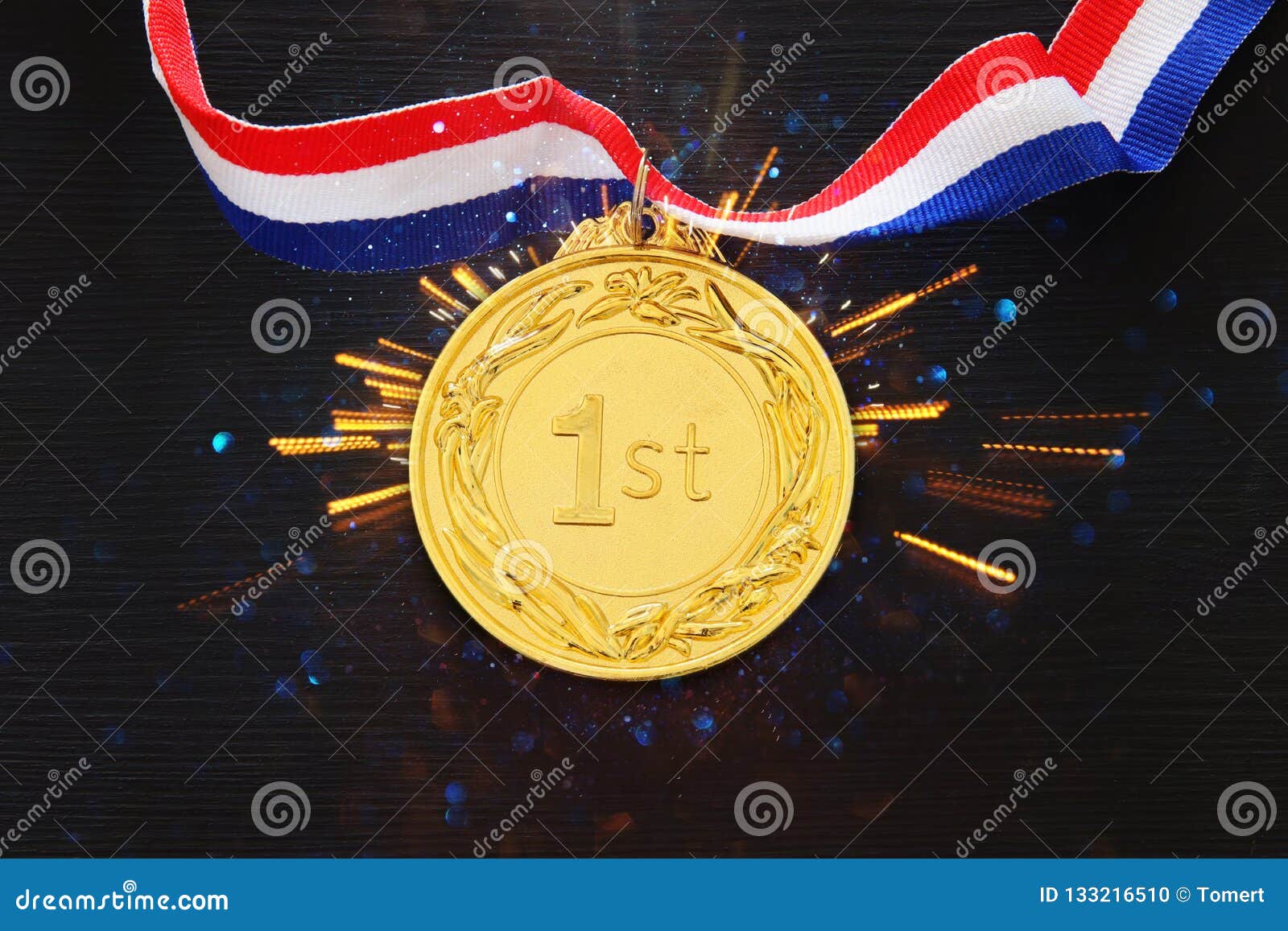 Top View Image of Gold Medal Over Black Background. Glitter Overlay ...