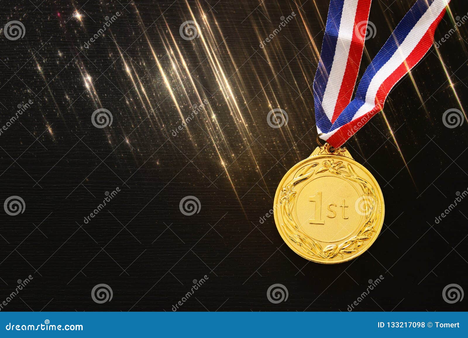 Top View Image Of Gold Medal Over Black Background. Glitter Overlay ...