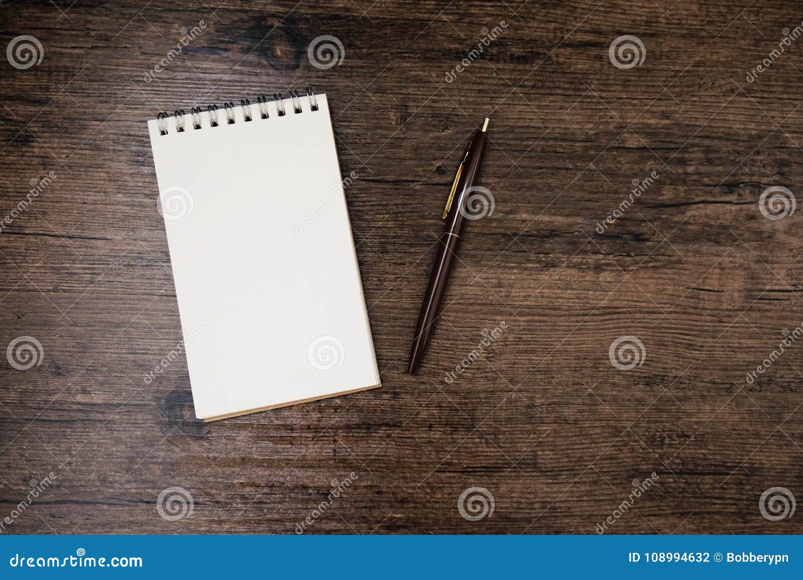 Top View Image of Open Notebook with Blank Page and Pen on the Wooden ...