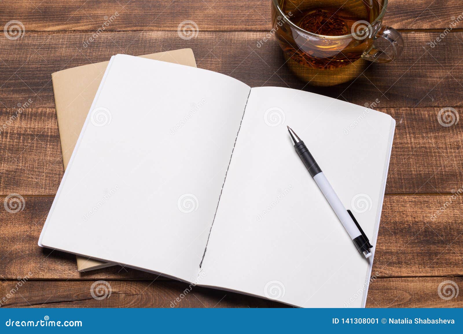 Top View Image of Open Notebook with Blank Pages Next To Cup of Coffee ...