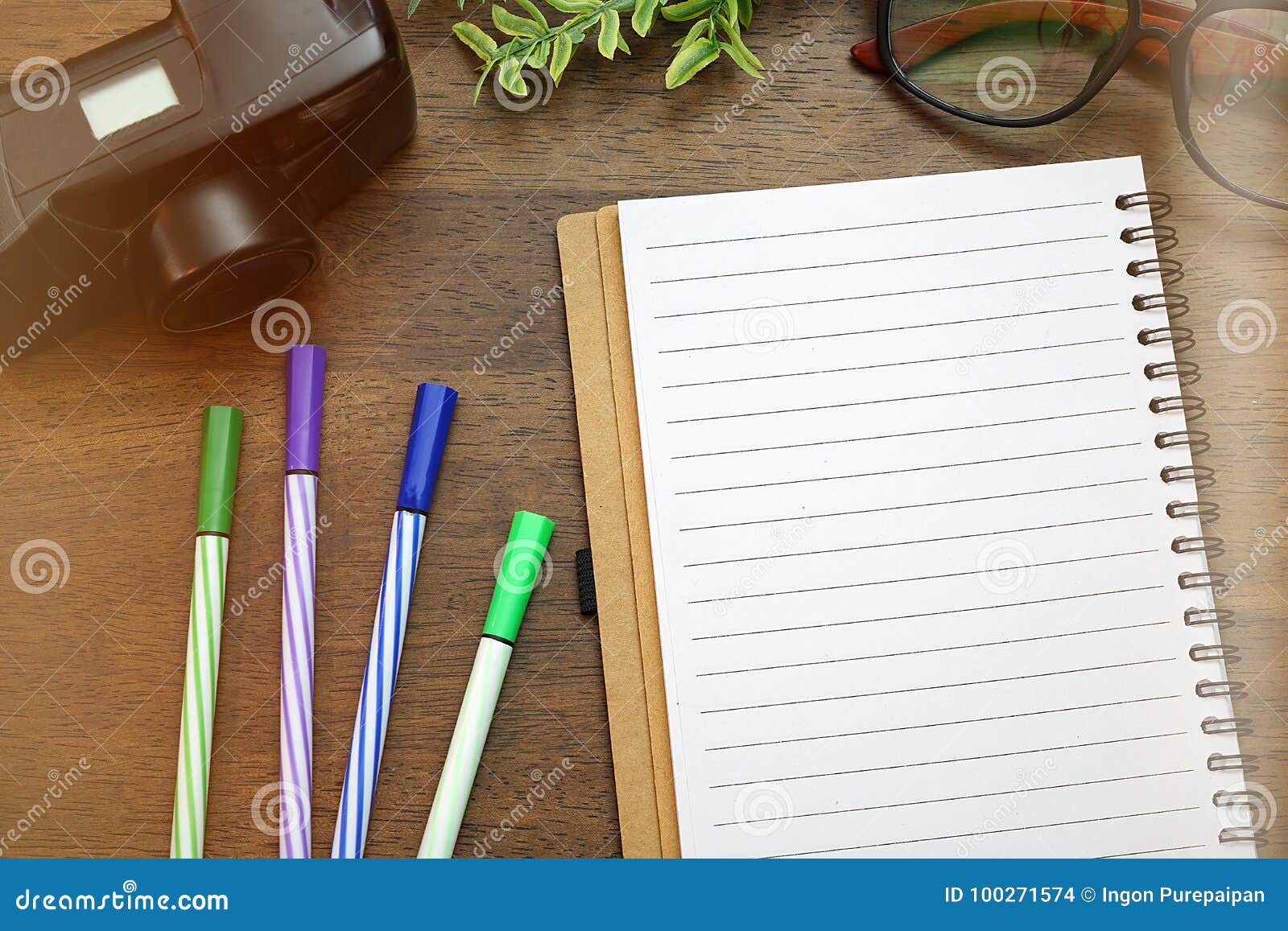 Top View Image of Open Notebook with Blank Pages on Wooden Background ...