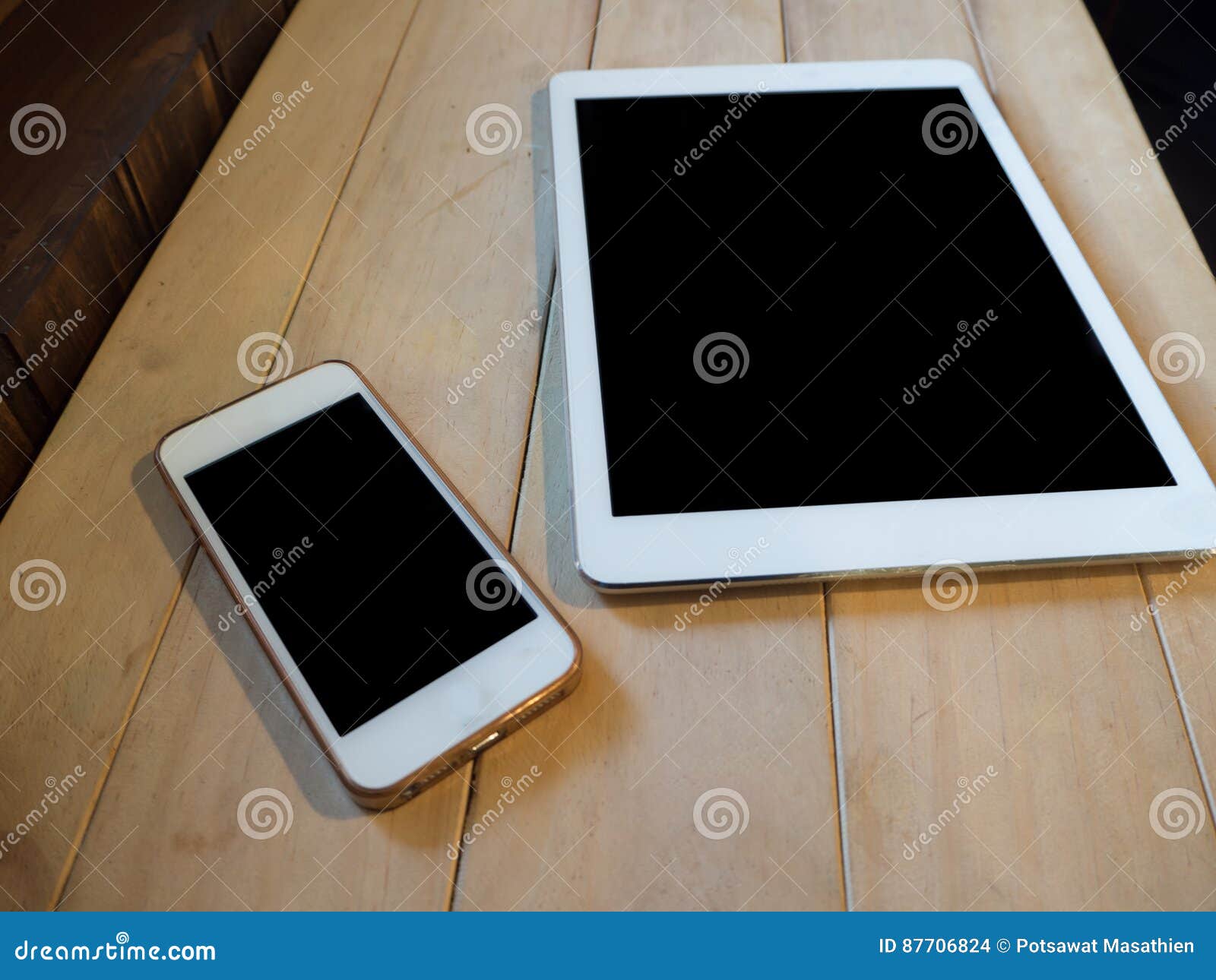 Top View Image of Smartphone and Tablet Device Over Wooden Table Stock ...