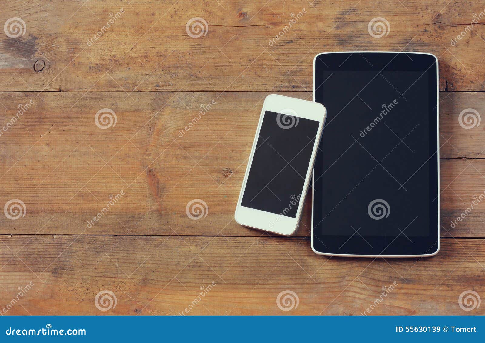 Top View Image of Smartphone and Tablet Device Over Wooden Table Room ...