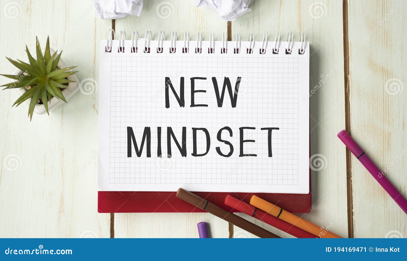 Top View Image of Table with Open Notebook and the Text New Mindset New ...
